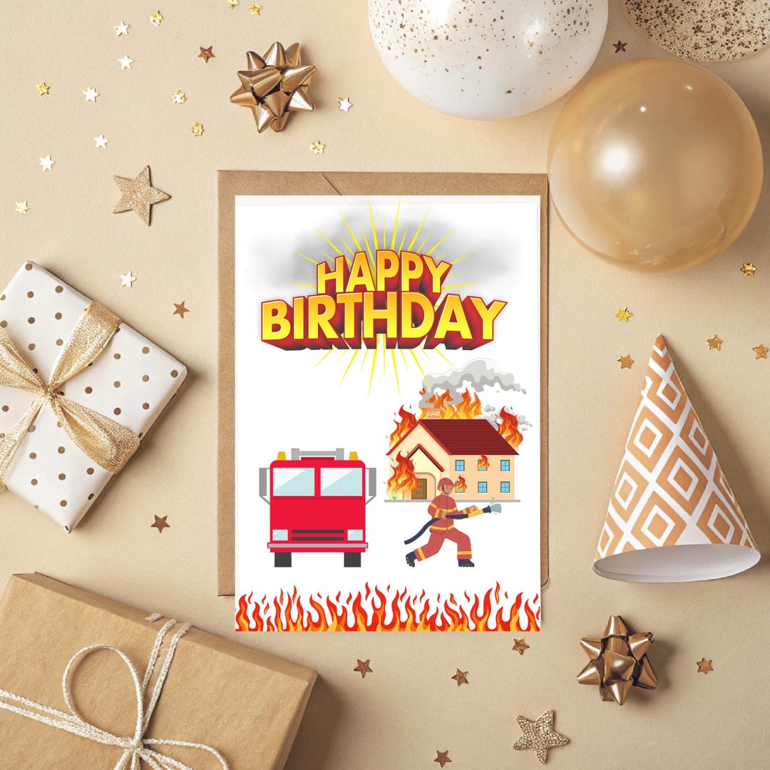 Firefighter Birthday Card – Printable Fire Truck Greeting Card ...