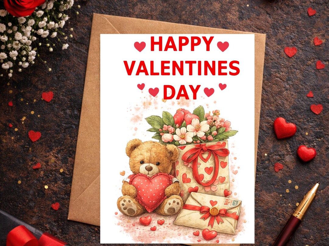 Teddy Bear Valentine's Day Card | Printable Greeting Card (digital ...