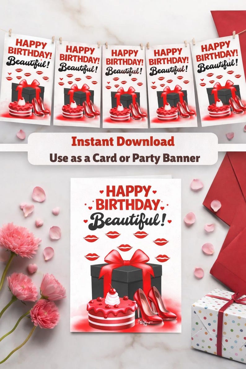 Glam Birthday Card – Printable Greeting Card With Heels, Gift, Cake ...