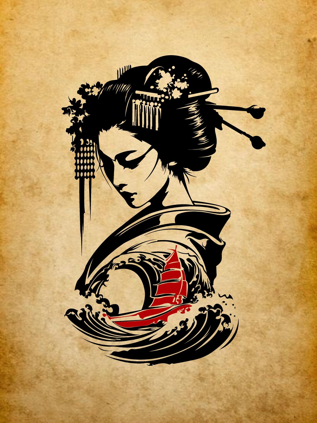 Geisha SVG Clipart, Japanese Woman PNG, Geisha Wave Boat Tattoo Style ...