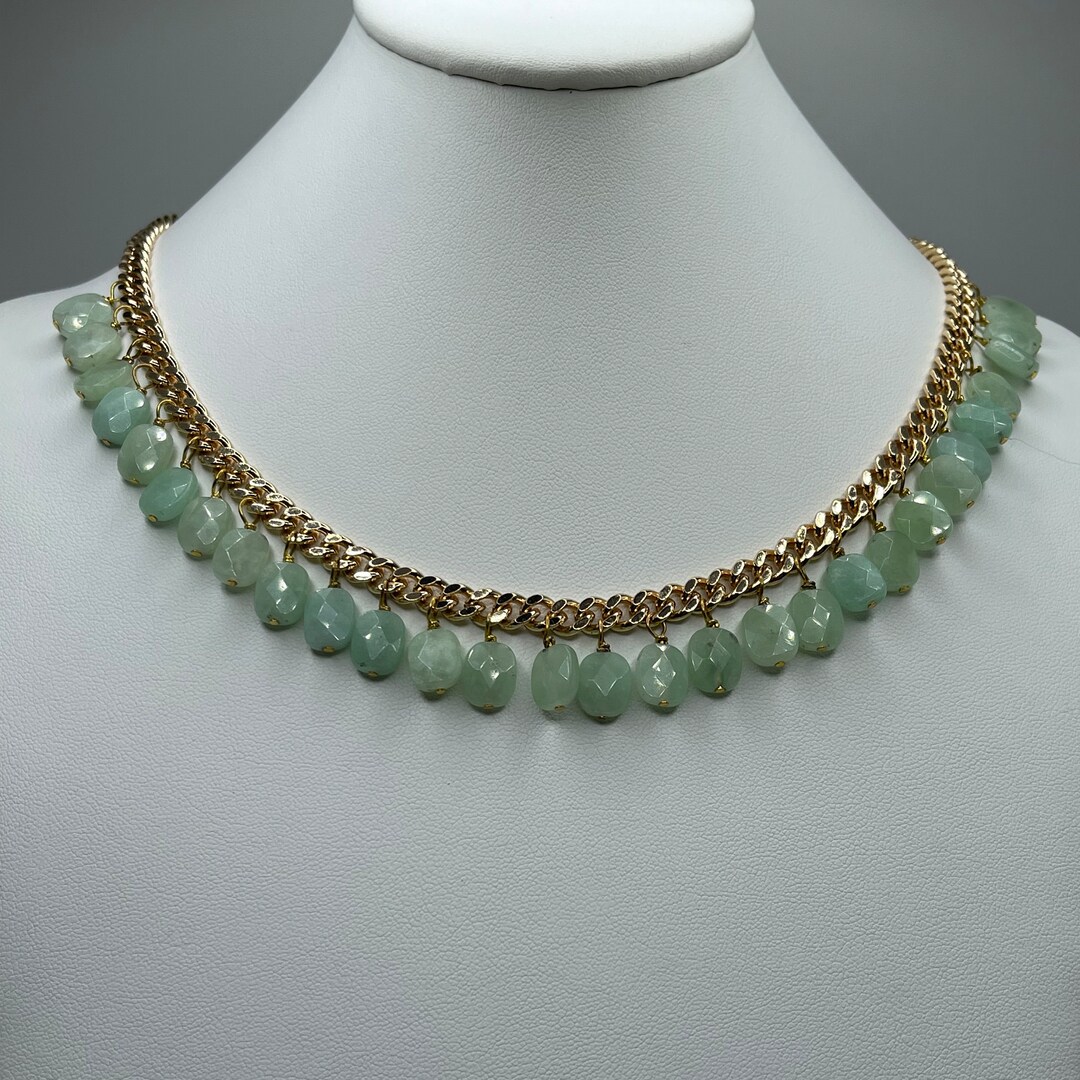 Green Jade Statement Necklace: Gold Curb Link Chain, Jade Jewelry Set ...