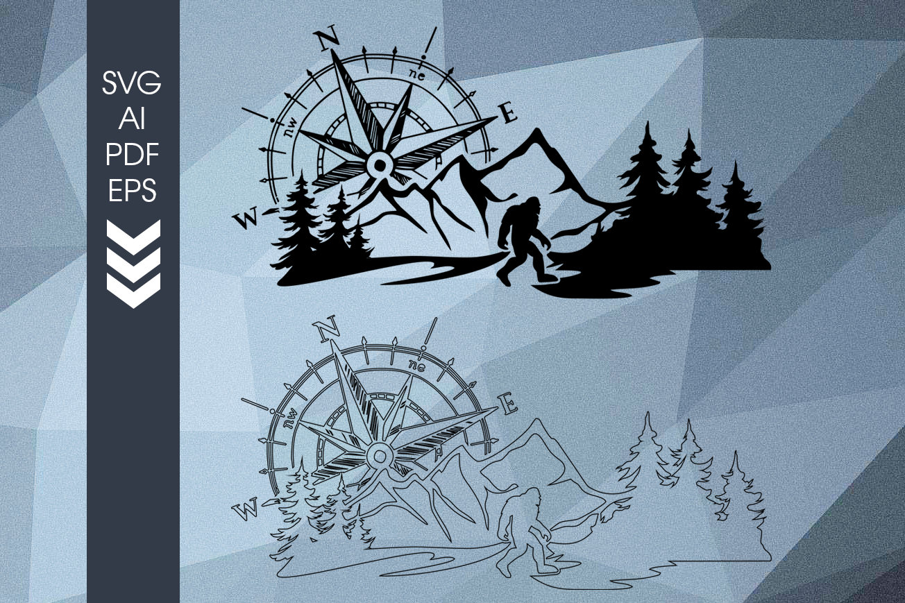 Bigfoot Compass SVG: Sasquatch Mountain Scene (digital Files) - Etsy