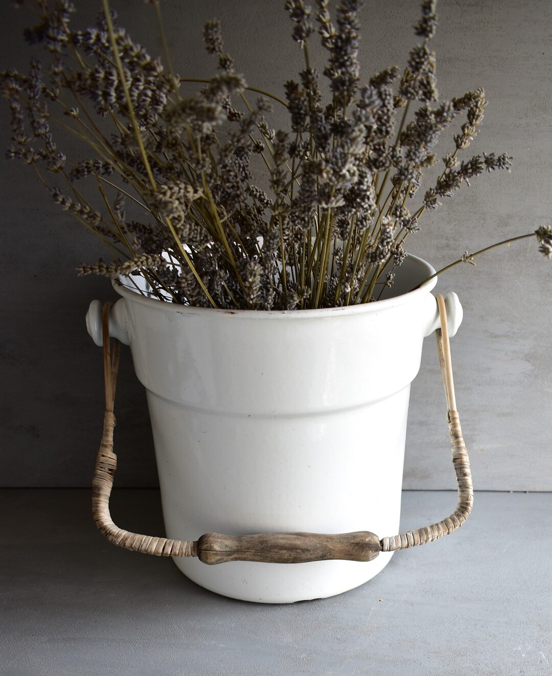 Enamel Metal Bucket, Antique Enamel Bucket With Original Braided Handle ...