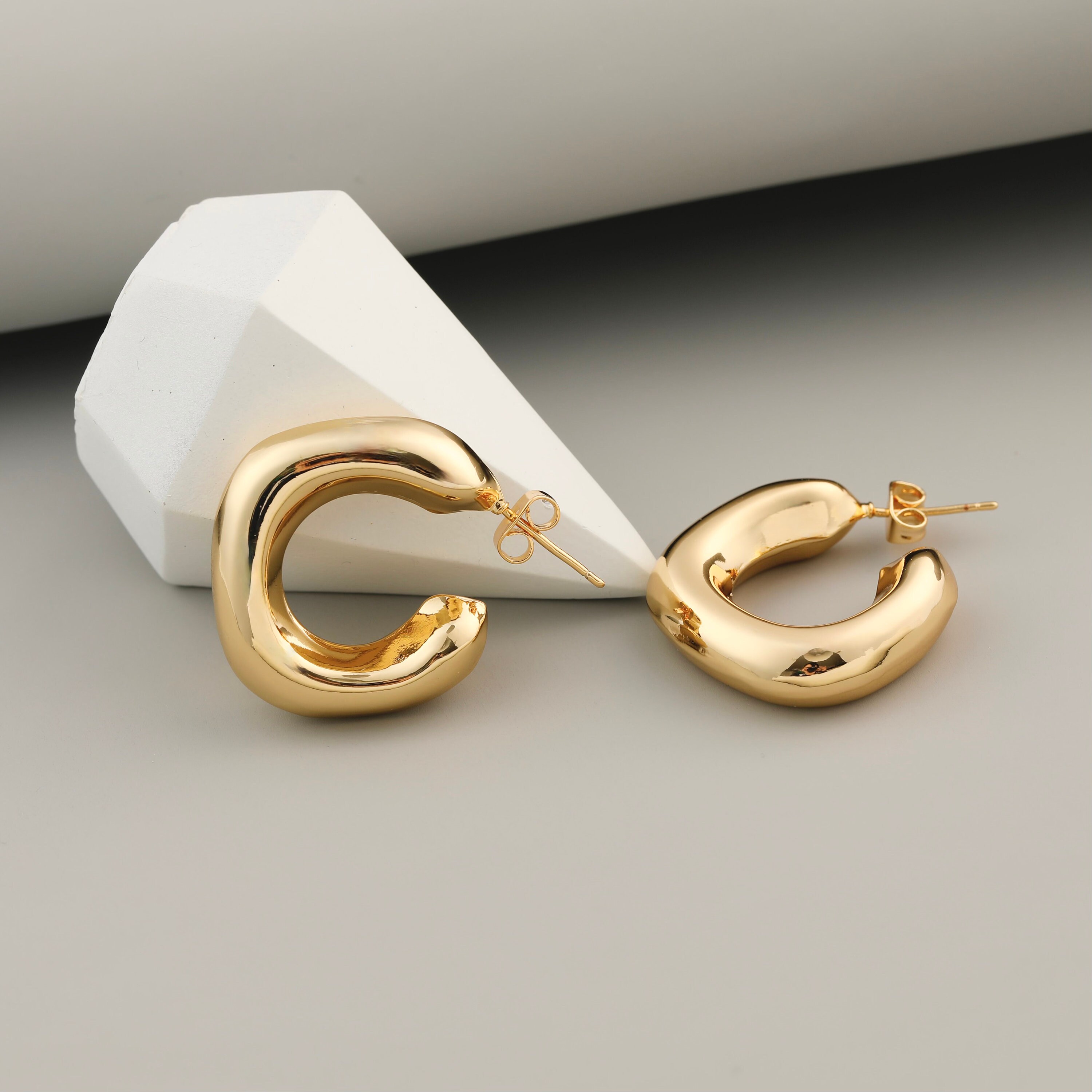 Chunky Gold Hoop Earrings, 14K Gold Plated Thick Hoops, Open Gold Hoop ...