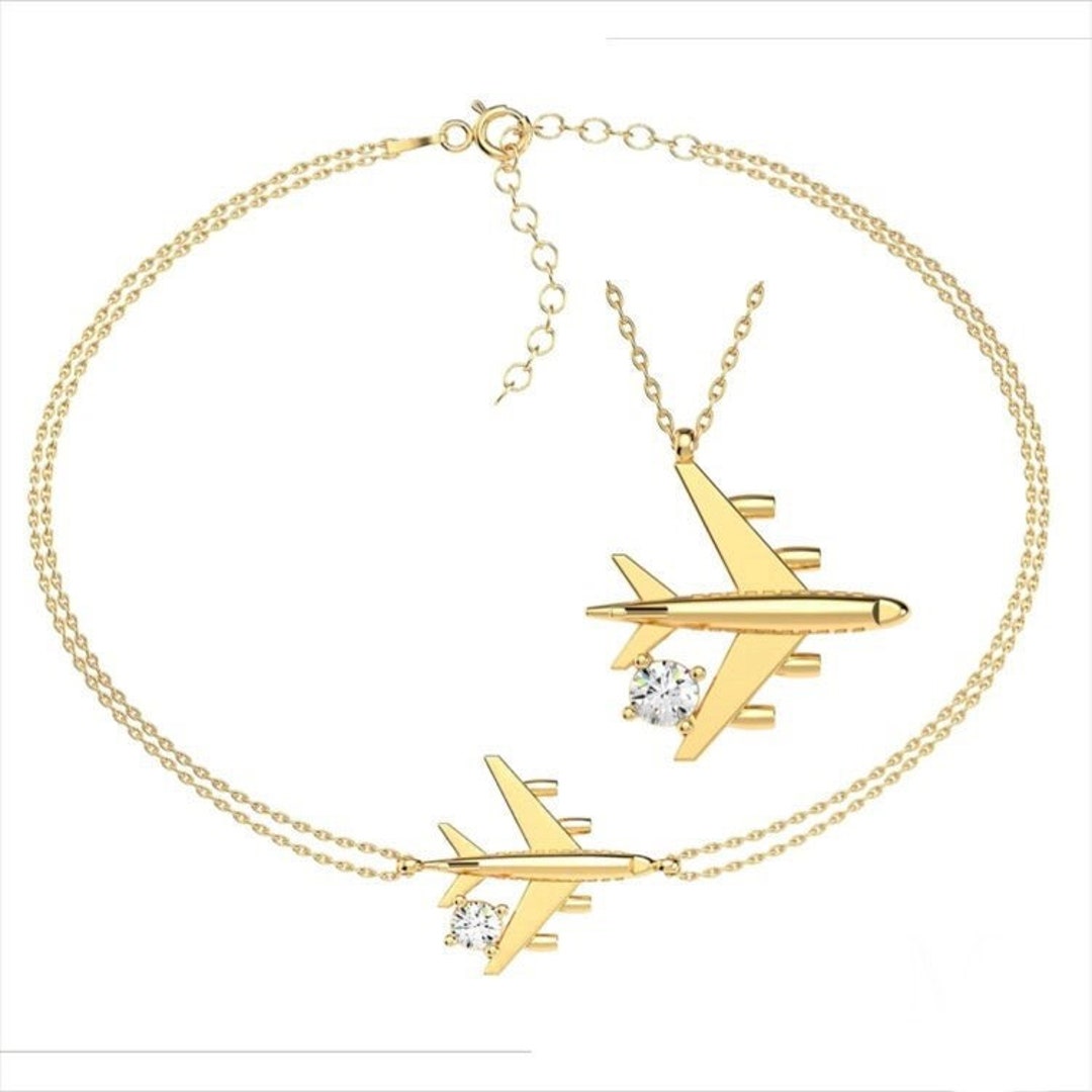 Gold Dainty Airplane Necklace and Bracelet Jewelry Set Sterling Silver ...