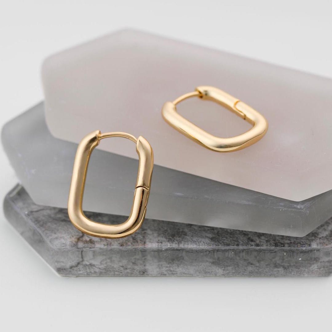 Rectangular Hoop Earrings, Link Hoop Earrings 14K Gold Plated U-shaped ...