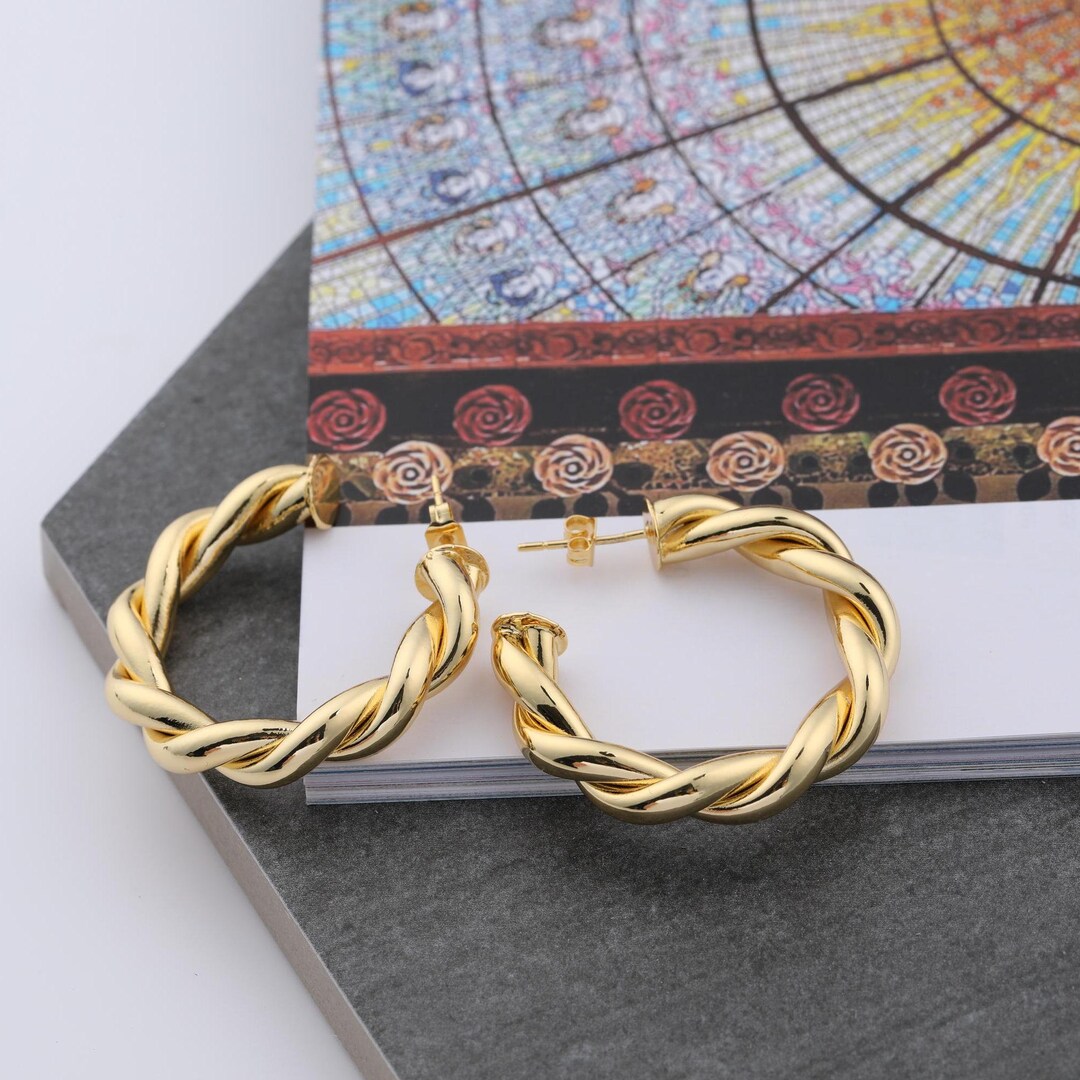 14k Gold Plated Twisted Rope Hoop Earrings, Huggie-large 40mm Hoop ...