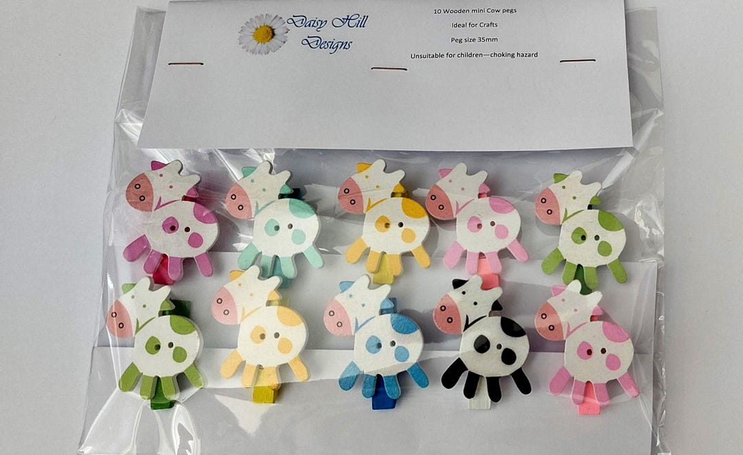 10 Wooden Mini Pegs With Cows Attached, Assorted Colours, Peg Size 35mm ...