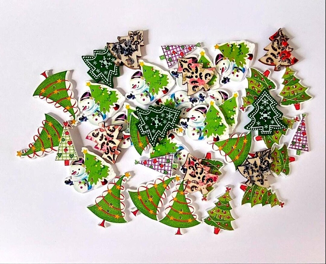 Christmas Tree Shaped Buttons, Wooden, 30pcs-christmas Trees-assorted ...
