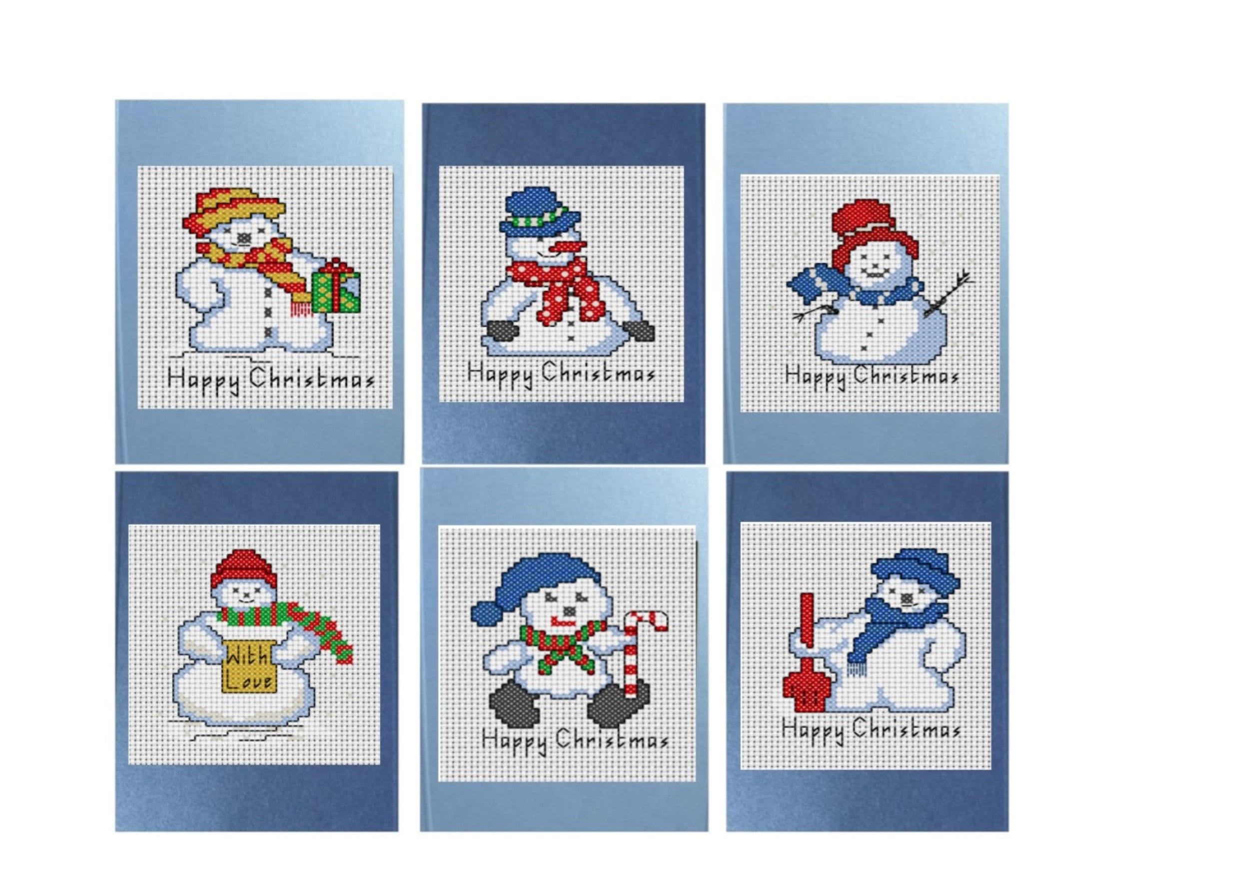 Cross Stitch Christmas Card Kit, 6 Snowmen Cards, Blue Pearlescent ...