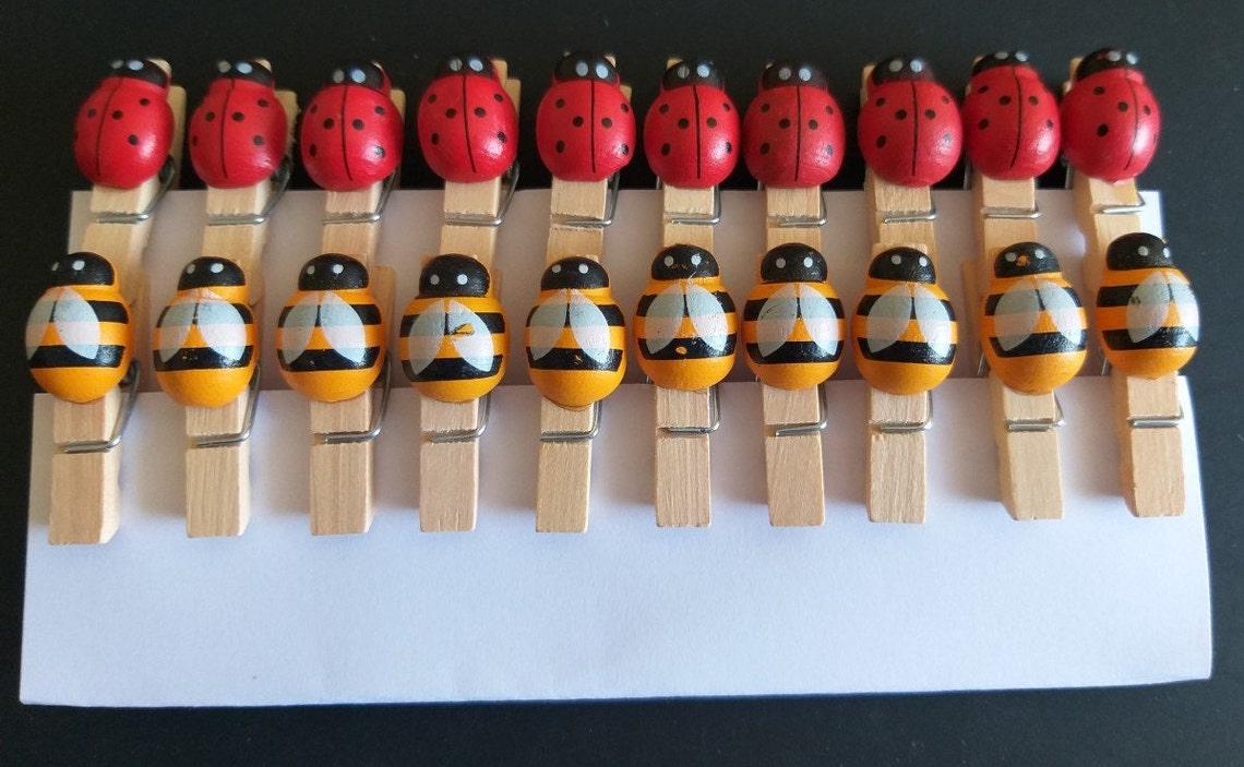 20 Wooden Mini Pegs, 10 Bees, 10 Ladybird, Peg Size 35mm - Etsy