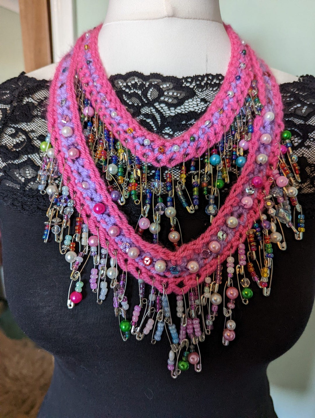 A Single or Double Crocheted Safety Pin Necklace - Etsy