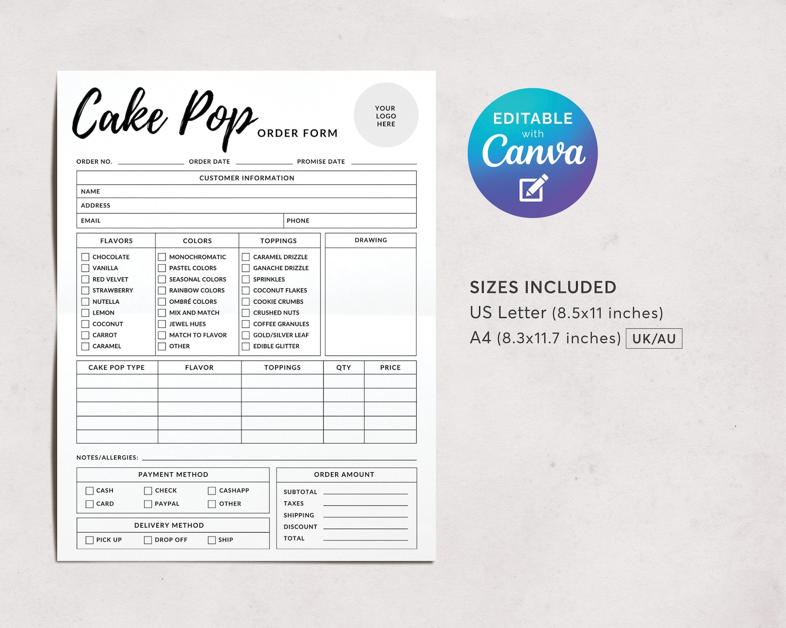 Cake Pop Order Form Editable Template, Cake Pops Custom Invoice Form ...