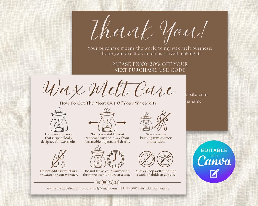 Wax Melt Care Card Editable Template, Wax Melts Instructions Guide DIY ...
