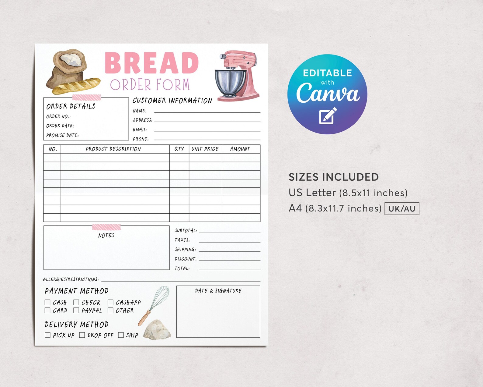 Bread Order Form Editable Template, Sourdough Bread Invoice Form ...