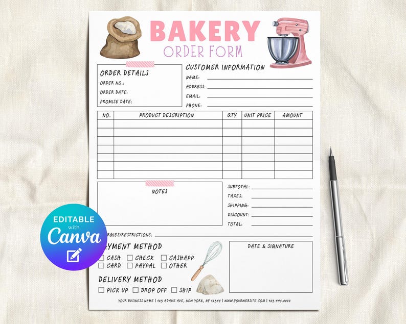 Bakery Order Form Editable Template, Bakery Invoice Form, Cake Bread ...