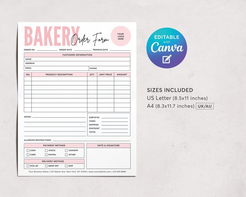Bakery Order Form Editable Template, Bakery Invoice Form, Custom Cake ...