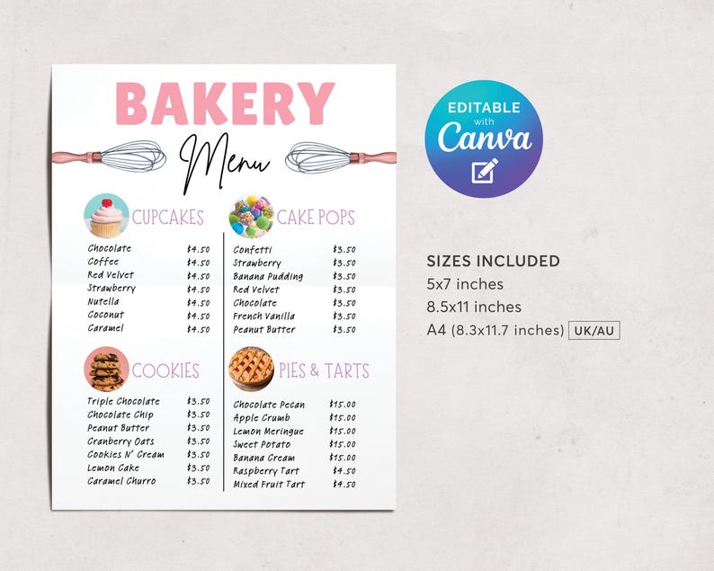 Bakery Price List Editable Template, Menu for Home Bakery With Photos ...