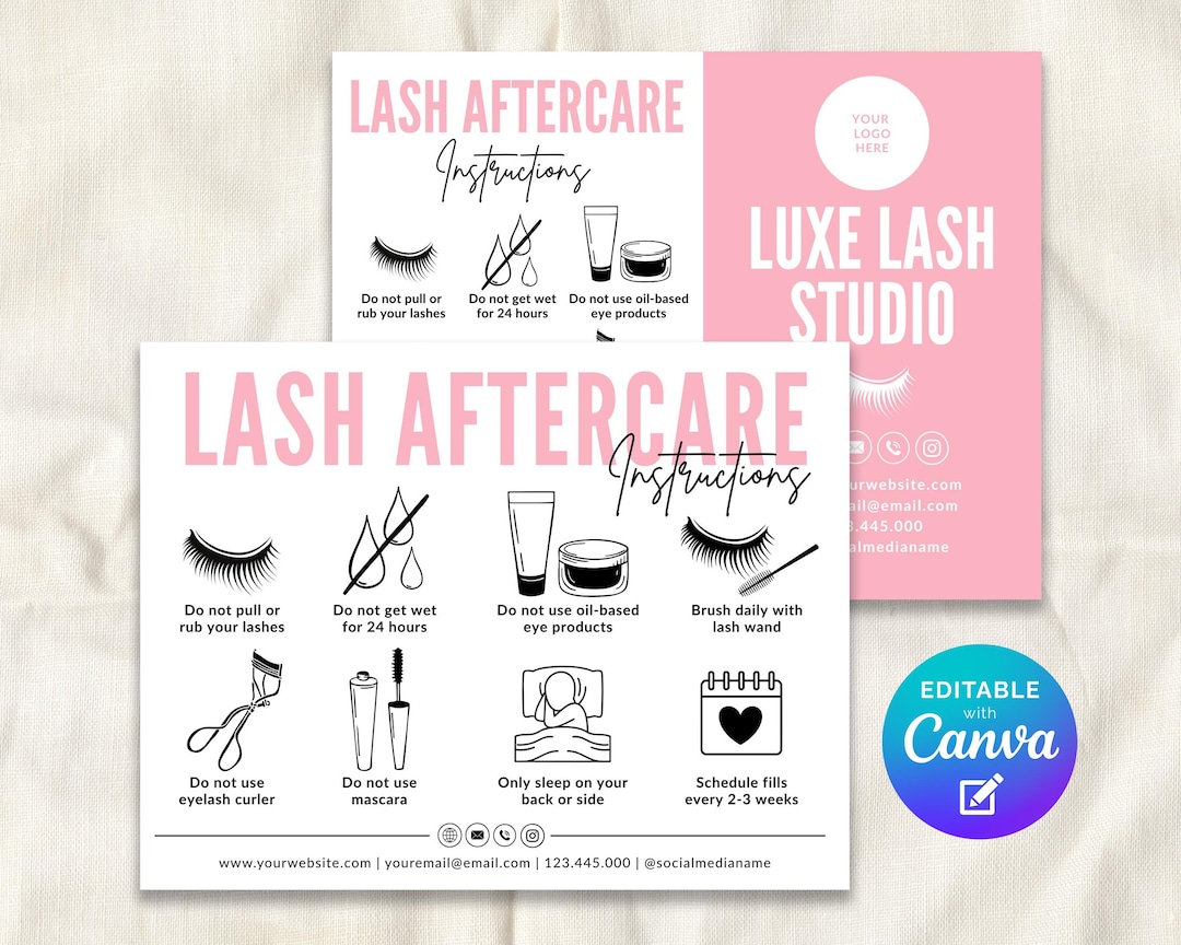 Lash Aftercare Card Editable Template, Lash Extension Aftercare ...