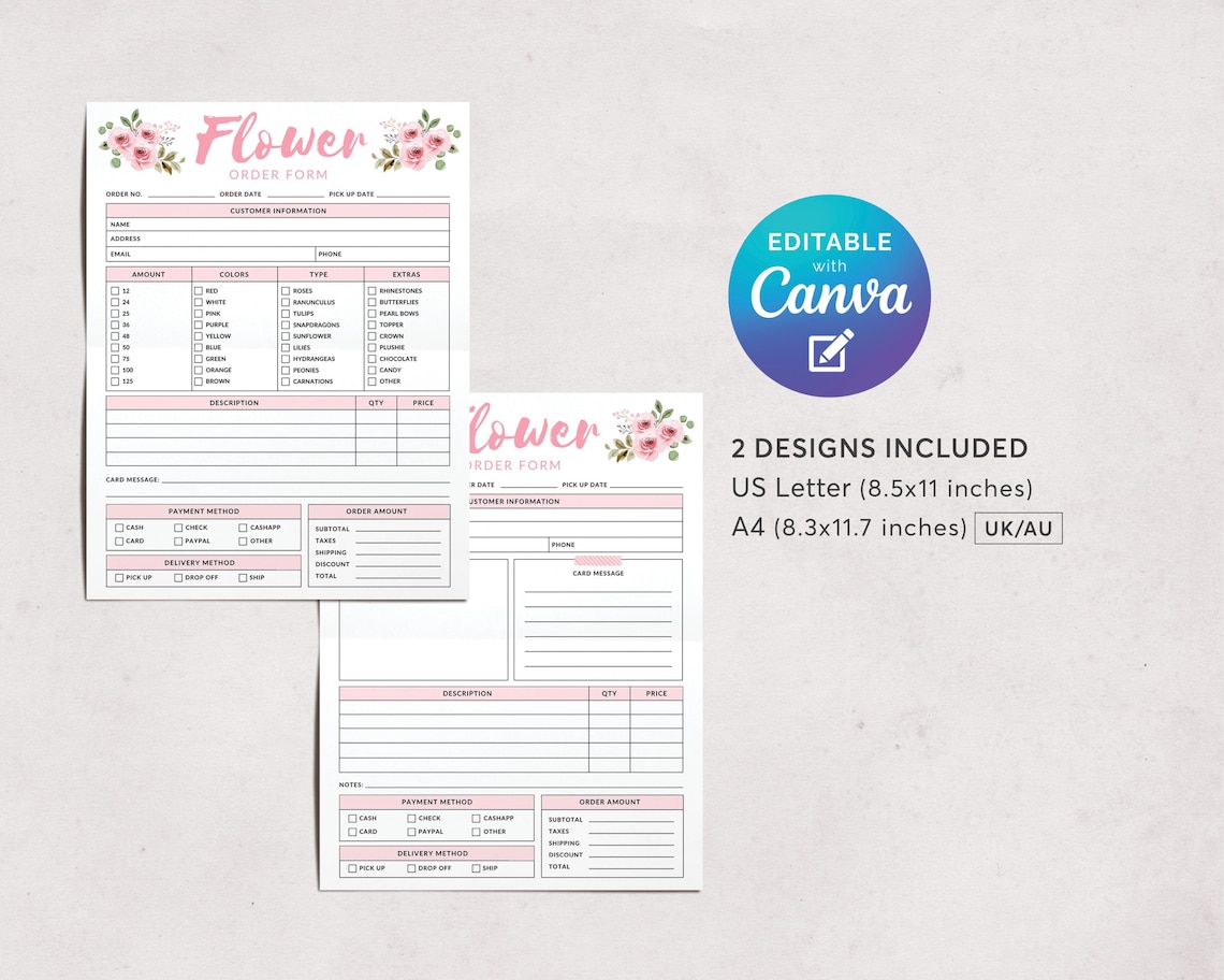 Florist Order Form Editable Template, Flower Bouquet Invoice Form ...