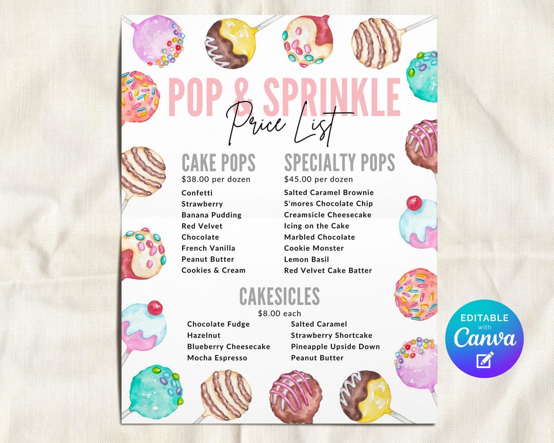 Cake Pop Price List Editable Template, Cake Pop Menu for Home Bakery ...