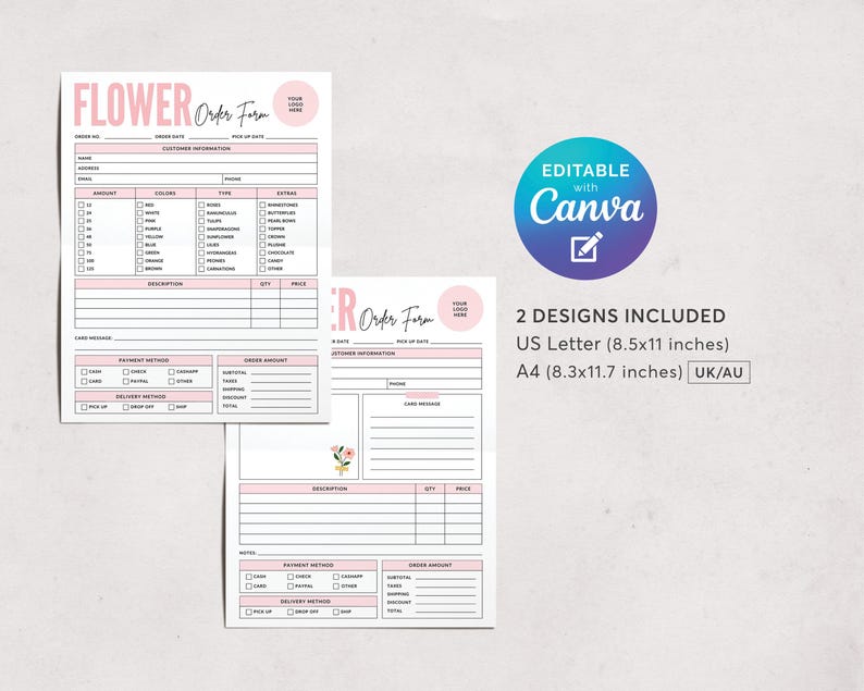 Florist Order Form Editable Template, Flower Bouquet Invoice Form ...