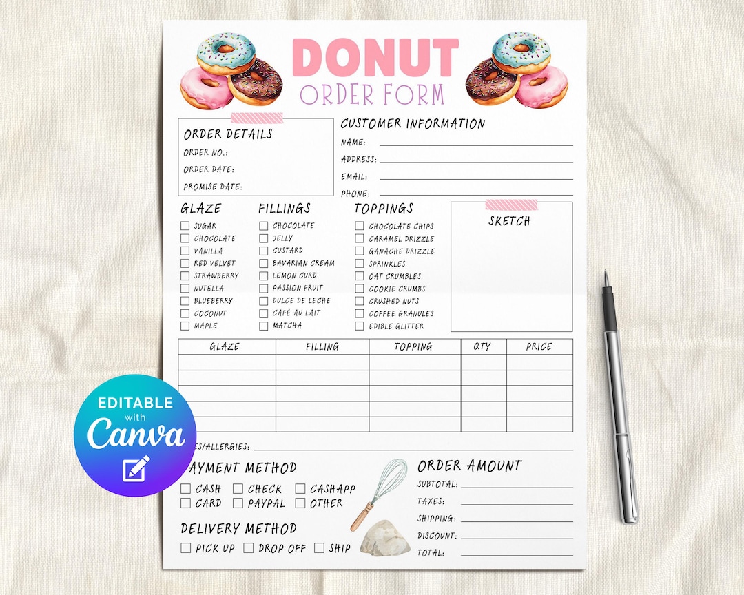 Donut Order Form Editable Template, Donuts Invoice Form, Doughnut ...