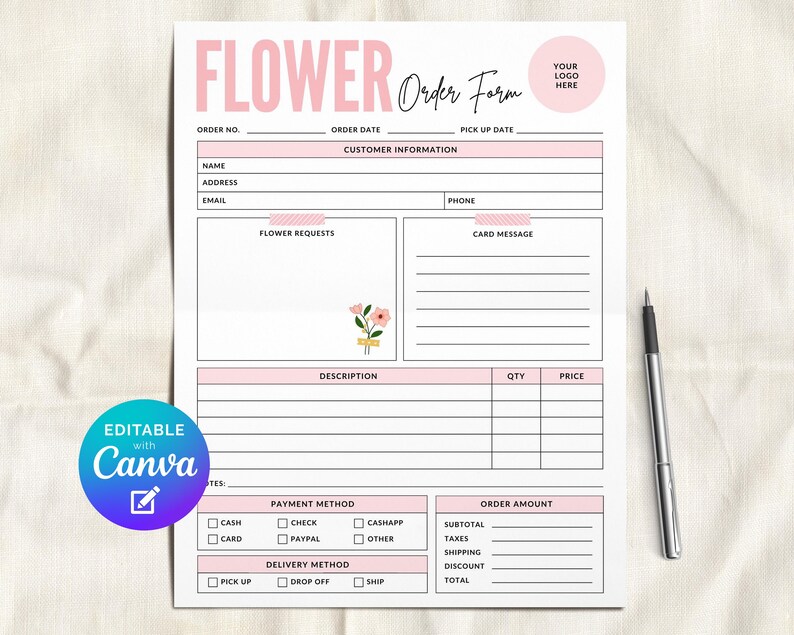 Florist Order Form Editable Template, Flower Bouquet Invoice Form ...