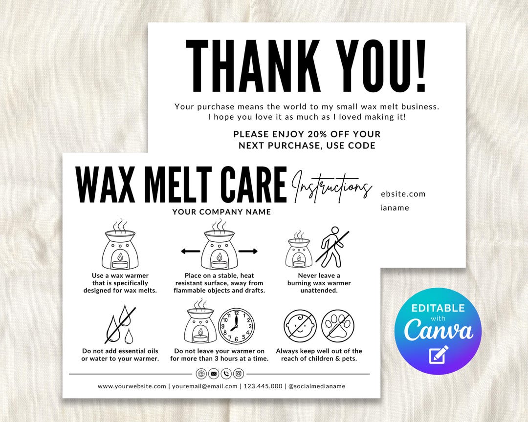 Wax Melt Care Card Editable Template, Wax Melts Instructions Guide DIY ...