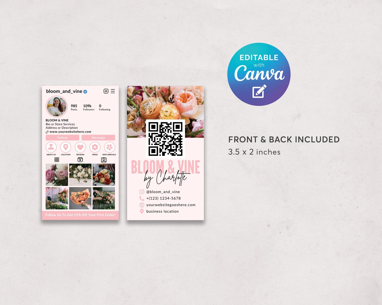Florist Instagram Business Card Editable Template, Flower Shop IG QR ...
