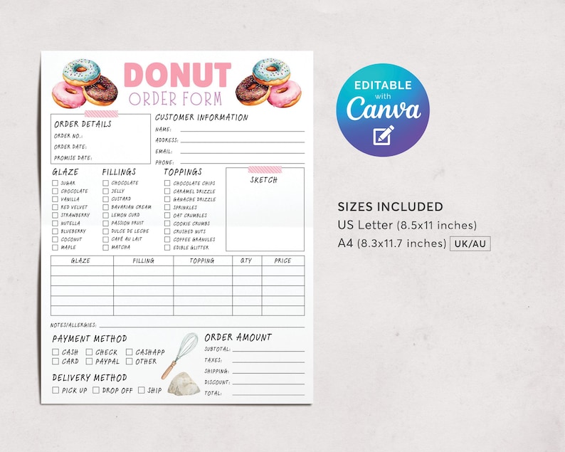 Donut Order Form Editable Template, Donuts Invoice Form, Doughnut ...