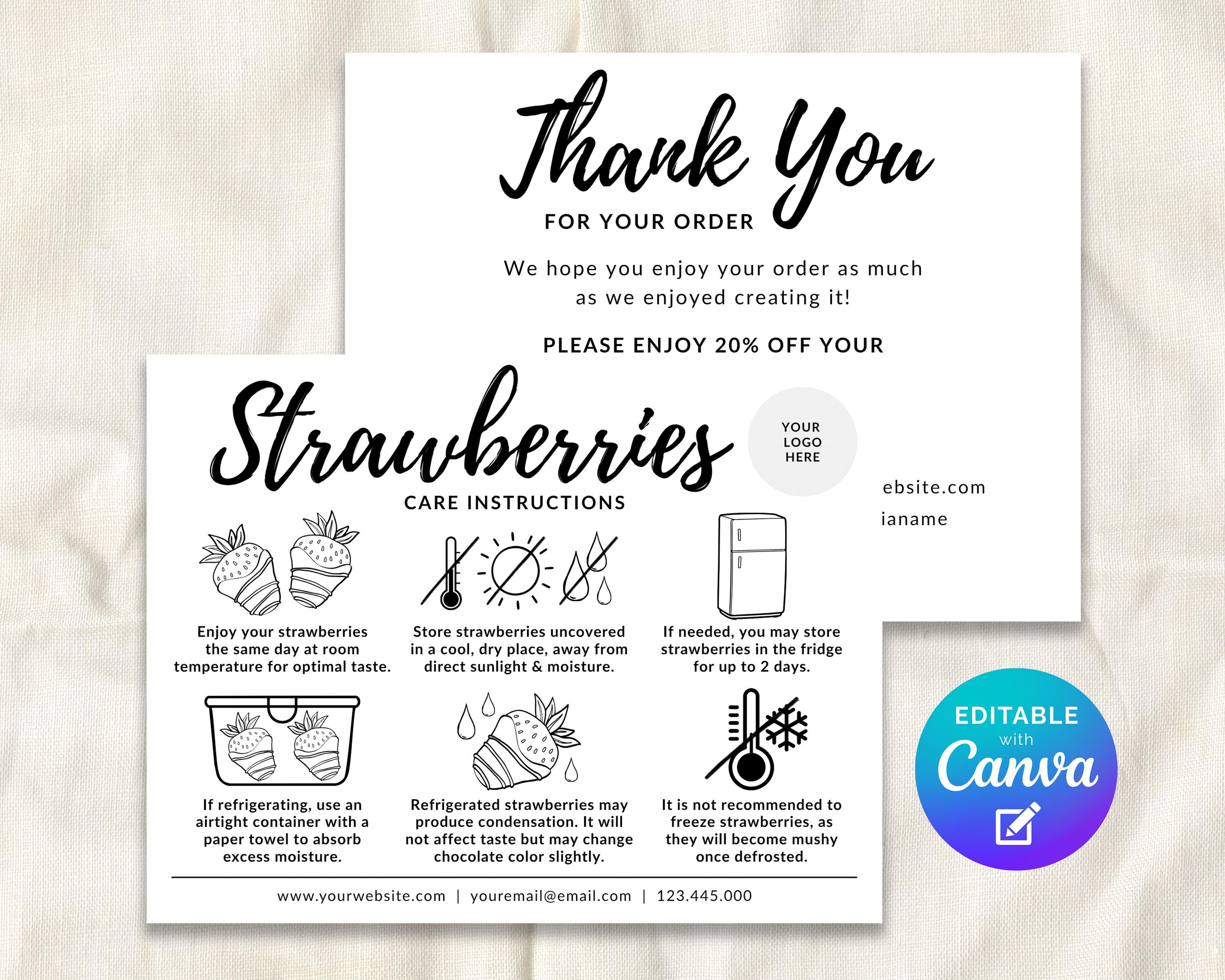 Chocolate Covered Strawberries Care Guide Card Editable Template ...