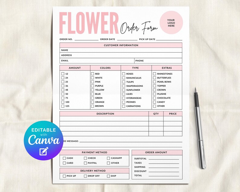 Florist Order Form Editable Template, Flower Bouquet Invoice Form ...