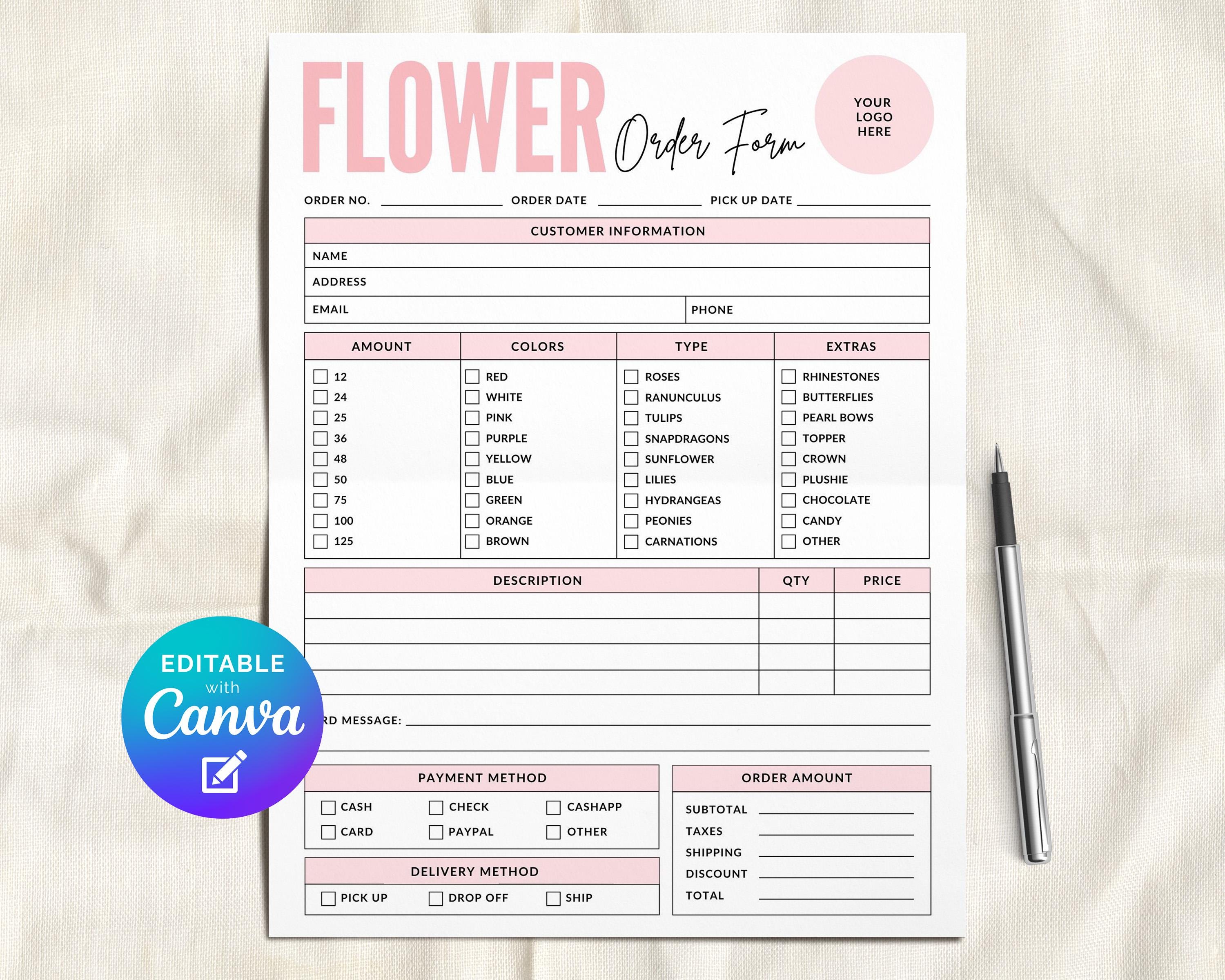 Florist Order Form Editable Template, Flower Bouquet Invoice Form ...