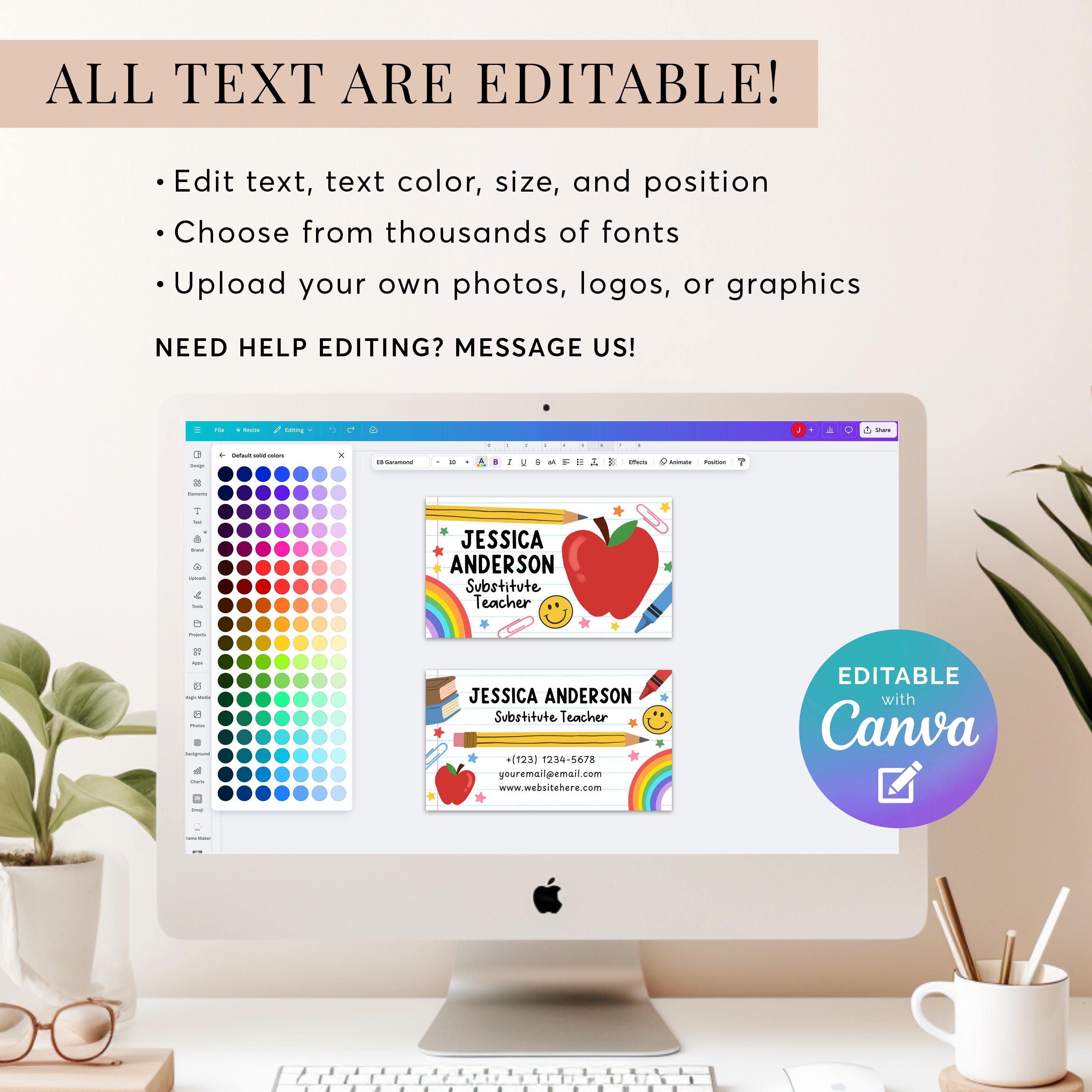 Substitute Teacher Business Card Template, Elementary Tutor Calling ...