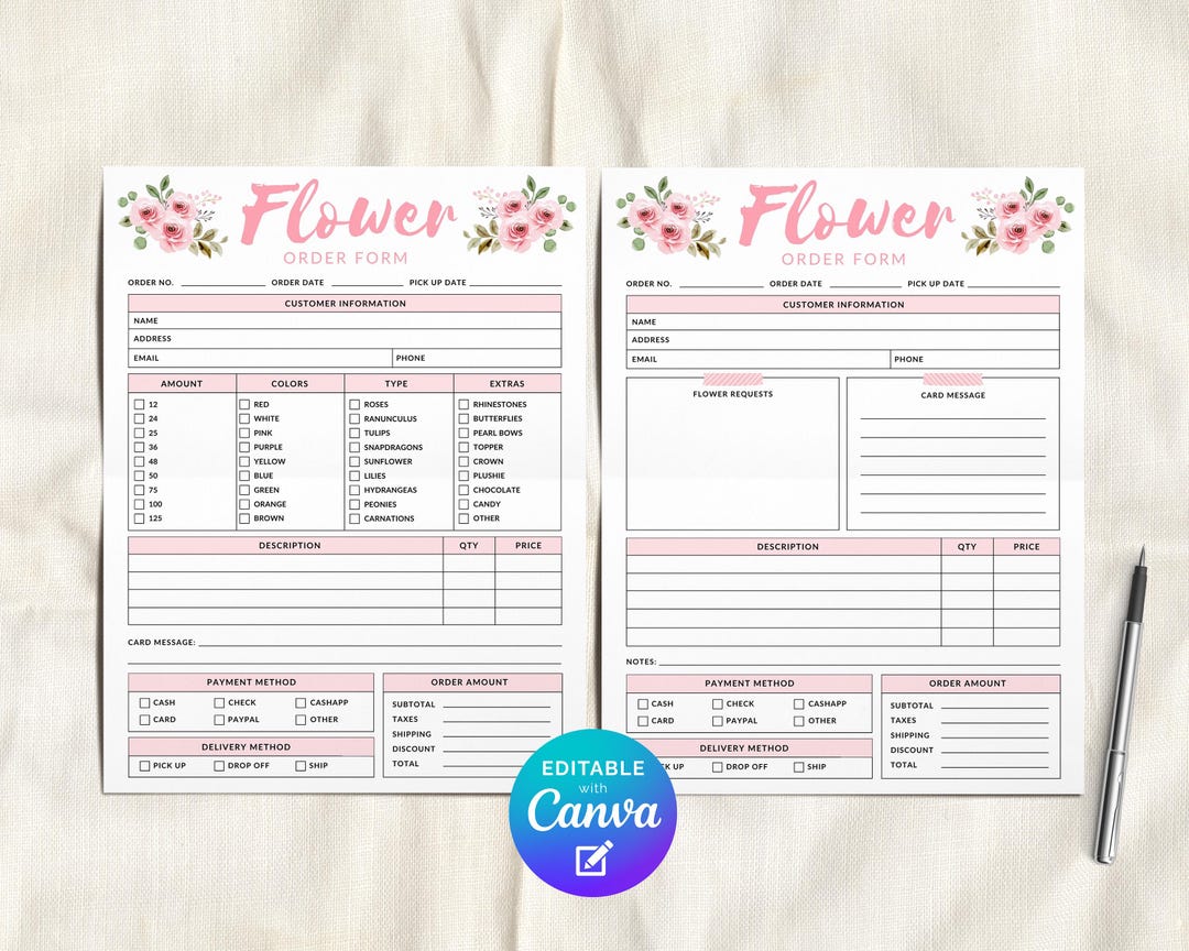 Florist Order Form Editable Template, Flower Bouquet Invoice Form ...