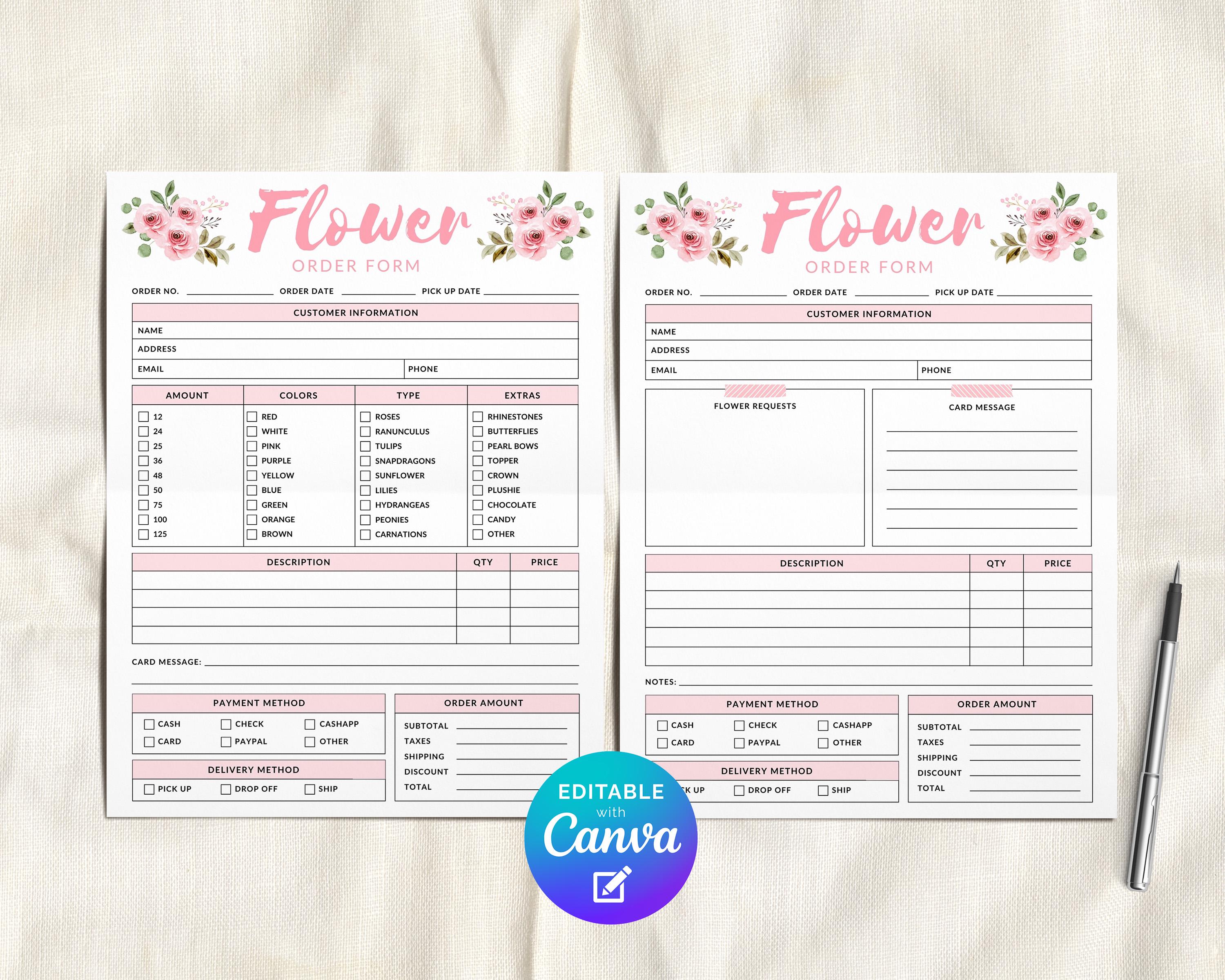 Florist Order Form Editable Template, Flower Bouquet Invoice Form ...