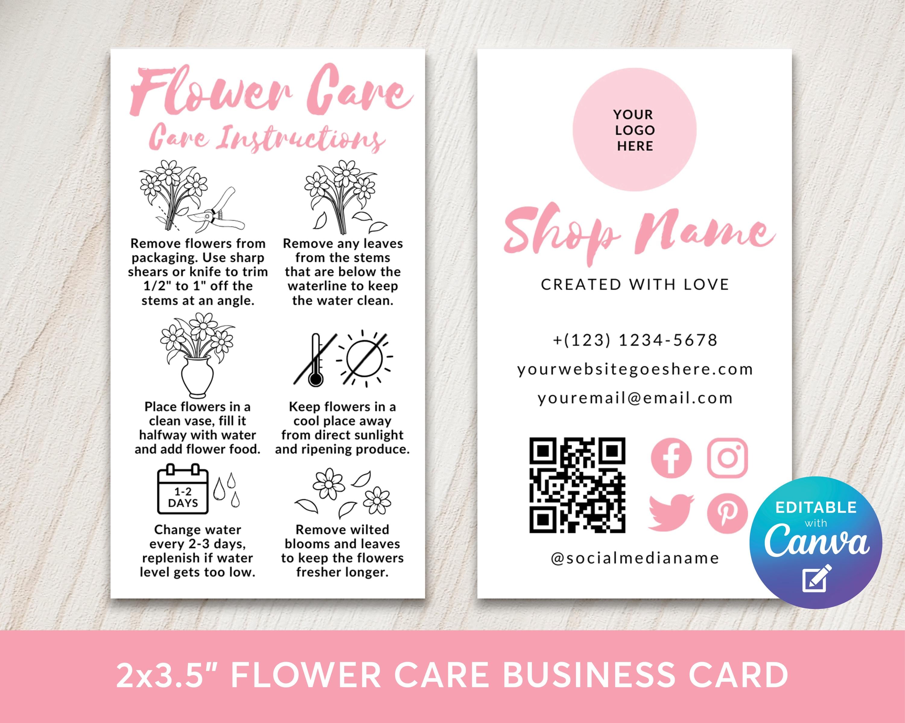 Flowers Care Instructions Business Card Editable Template, Fresh Cut ...