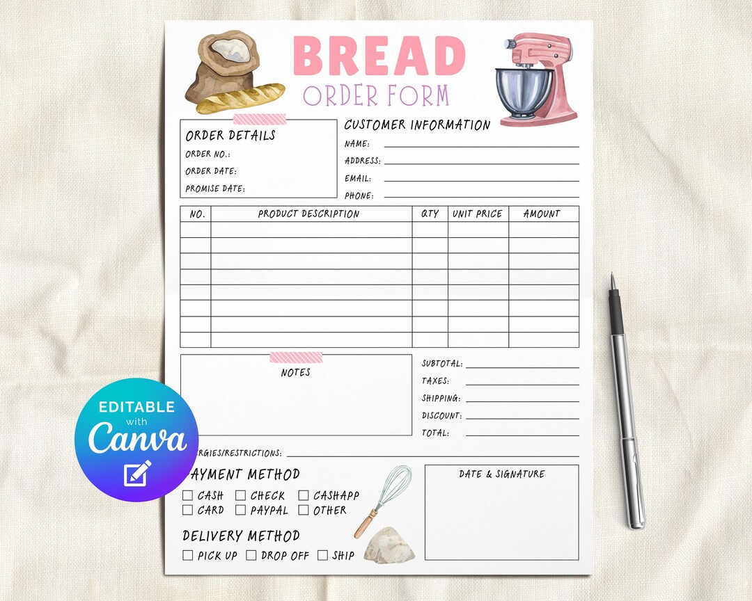 Bread Order Form Editable Template, Sourdough Bread Invoice Form ...