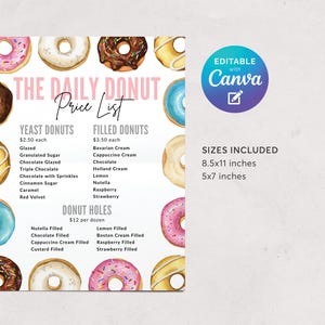 Donut Price List Editable Template, Donuts Menu for Home Bakery, Cute ...