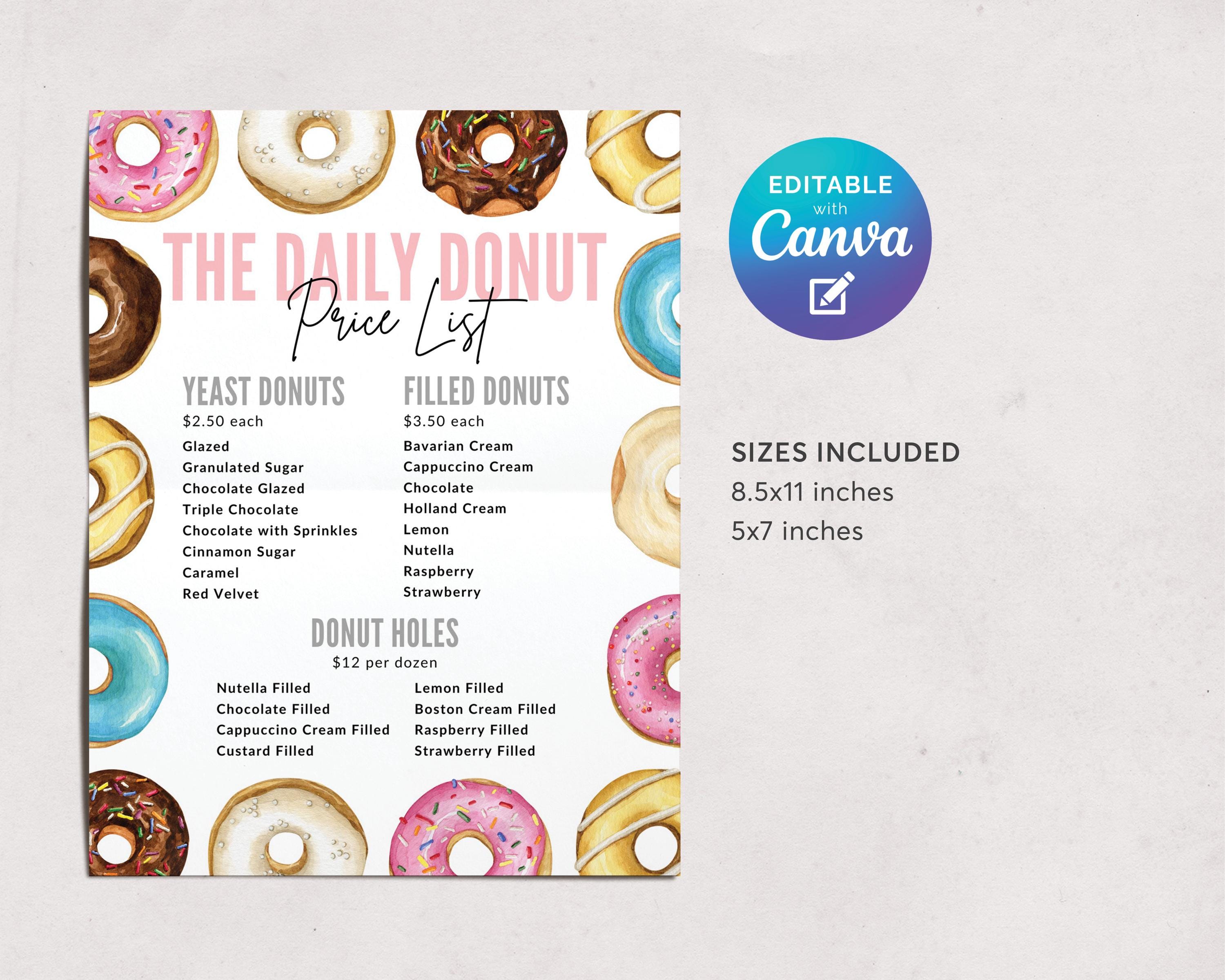 Donut Price List Editable Template, Donuts Menu for Home Bakery, Cute ...