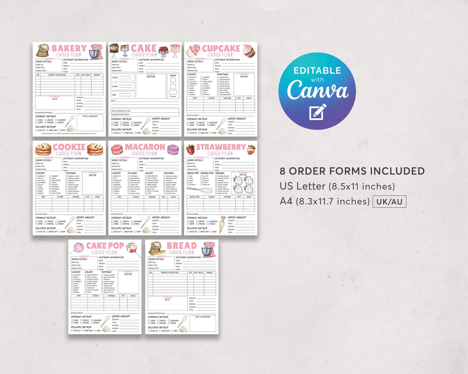 Bakery Order Forms Bundle Editable Template, Bakery Invoice Form, Cake ...