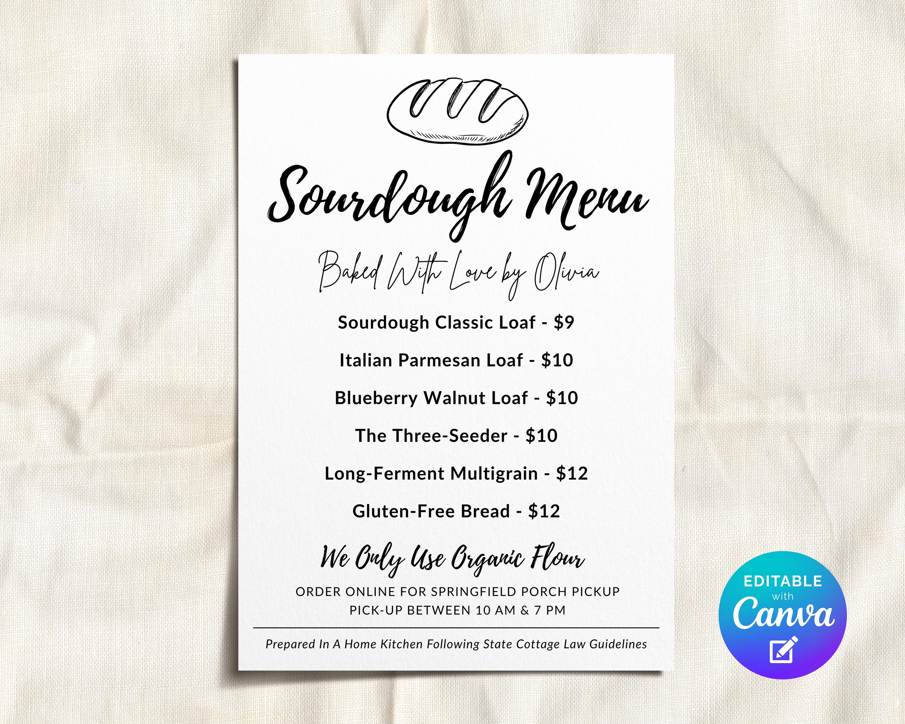 Sourdough Menu Cottage Bakery Price List Editable Template, Bread Price ...