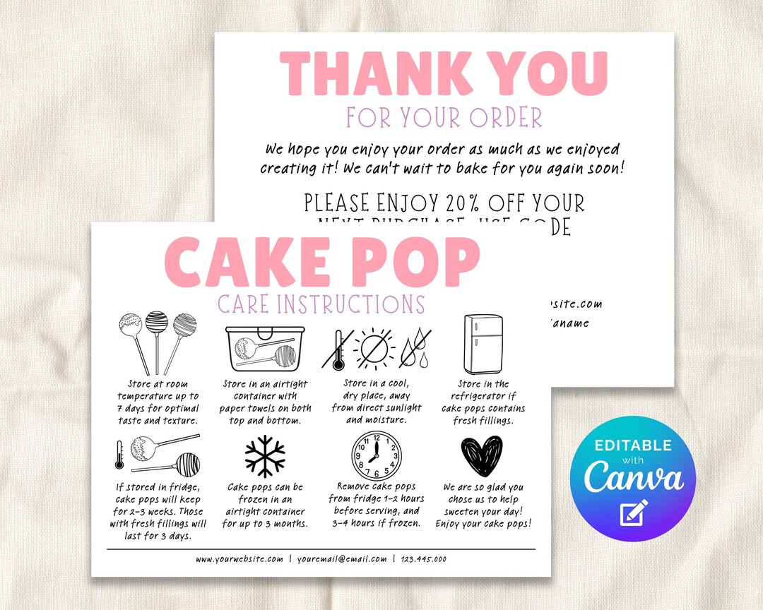Cake Pops Care Instructions Card Editable Template, Cake Pop Care Guide ...