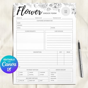 Florist Order Form Editable Template, Flower Bouquet Invoice Form ...