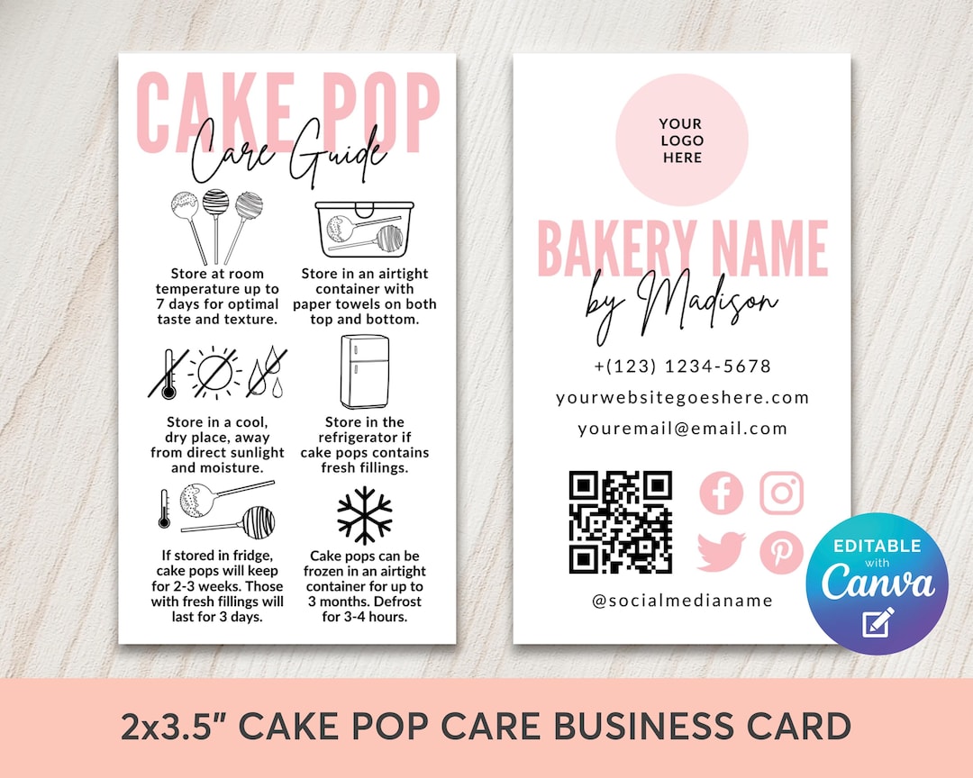 Cake Pops Care Instructions Business Card Editable Template, Cake Pop ...