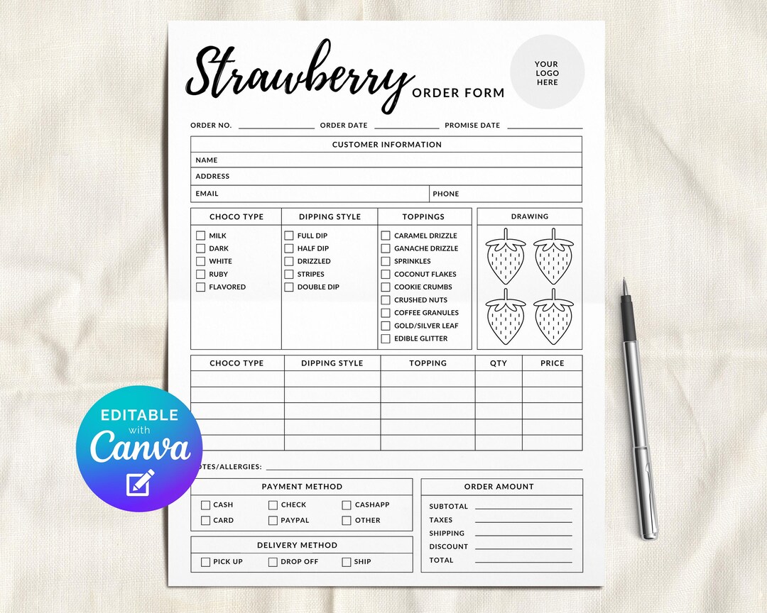 Chocolate Strawberries Order Form Editable Template, Chocolate Covered ...