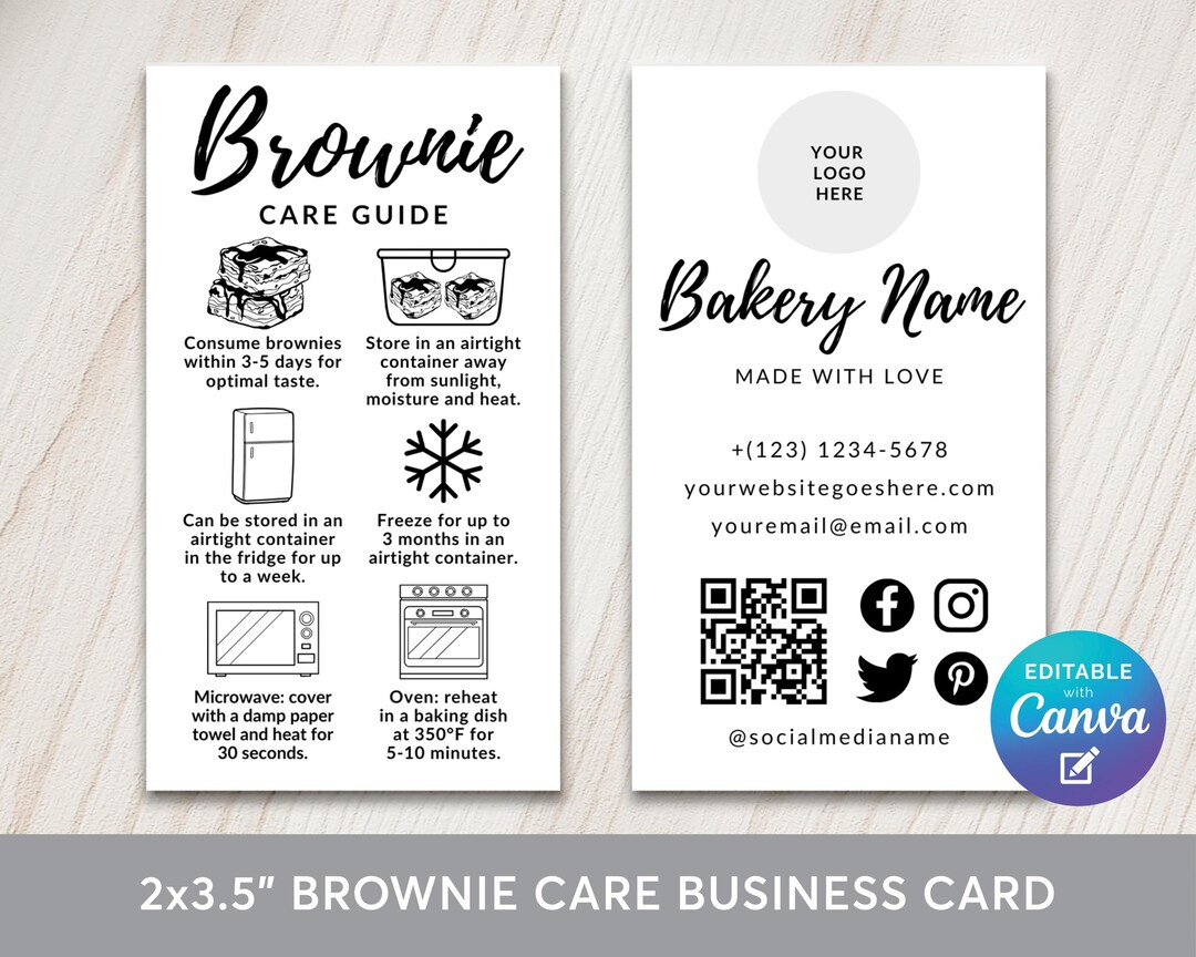 Brownies Care Guide Business Card Editable Template, Brownie Care Instructions Calling Card ...