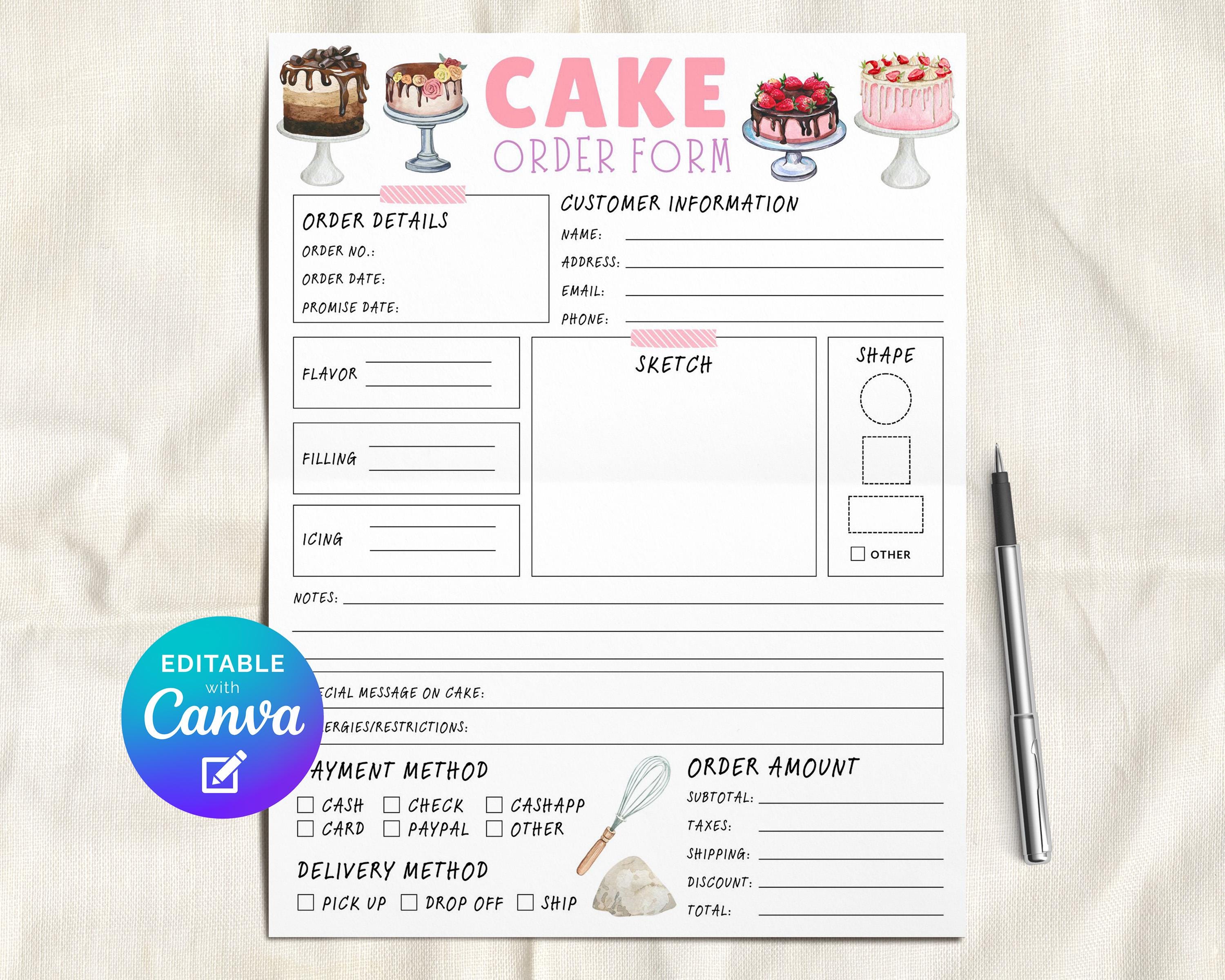 Cake Order Form Editable Template, Cake Invoice Form, Cupcake Home ...