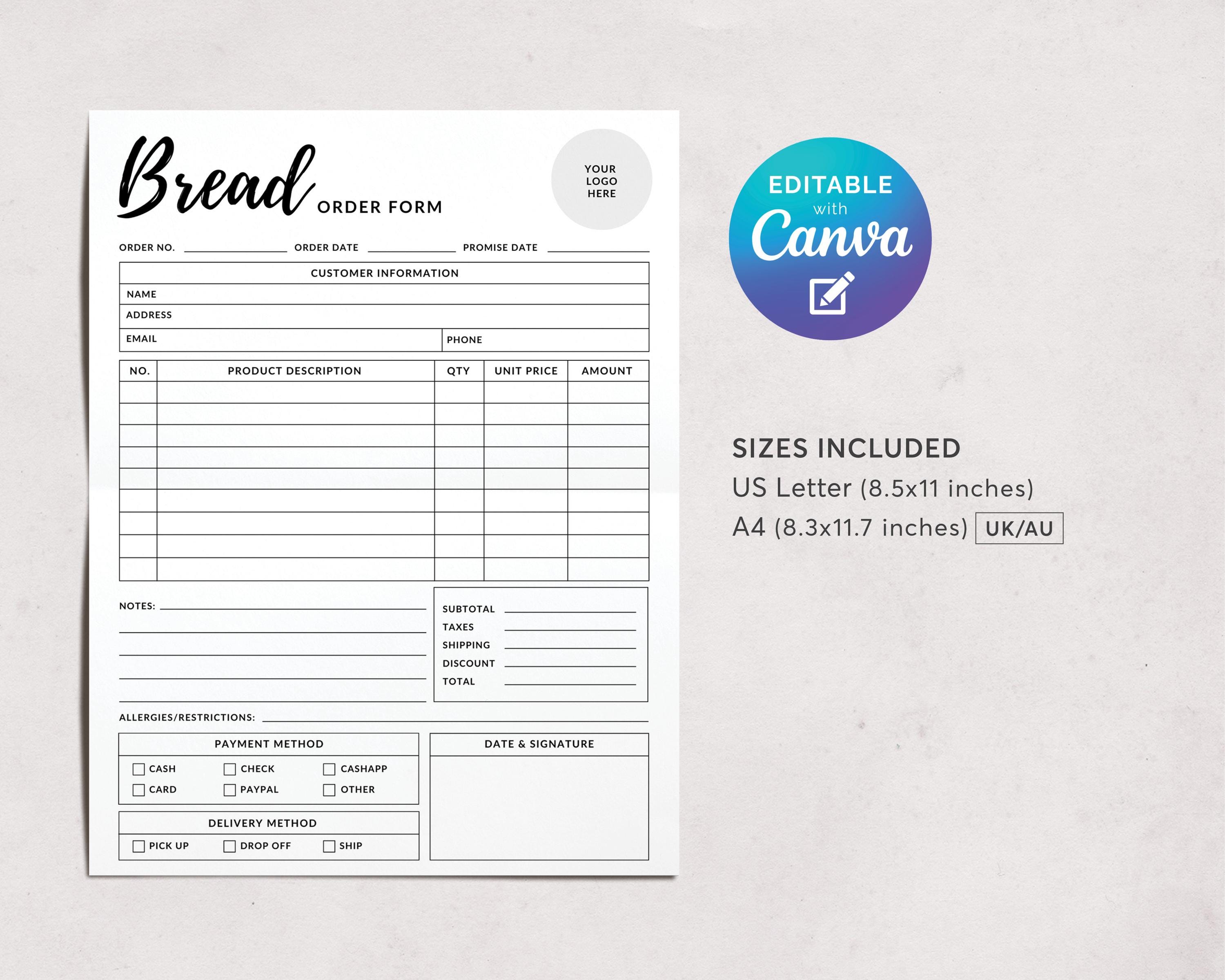 Bread Order Form Editable Template, Sourdough Bread Invoice Form ...